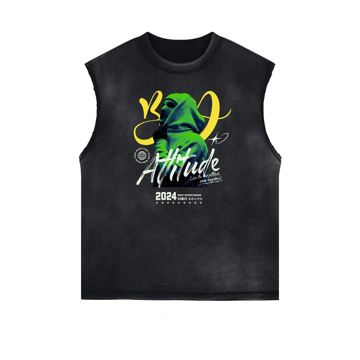 Sleeveless Frayed Edge Gangsta Pattern Tee Streetwear Pattern Tee ...